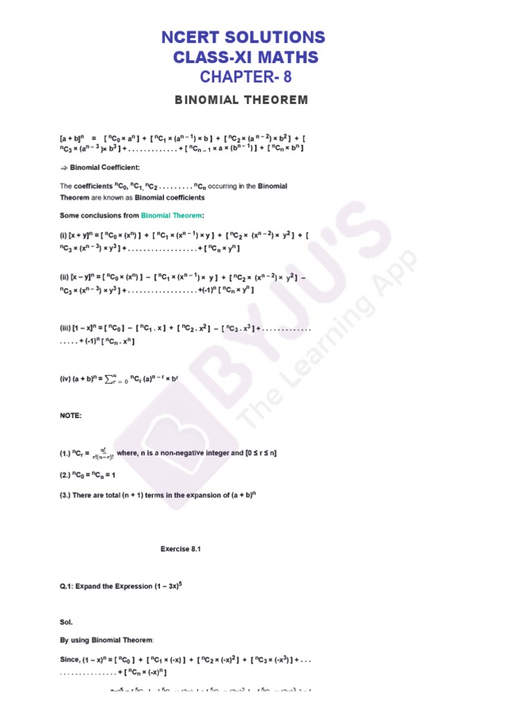 Ncert Solutions Class 11 Maths Chapter 8 Binomial Theorem | PDF ...