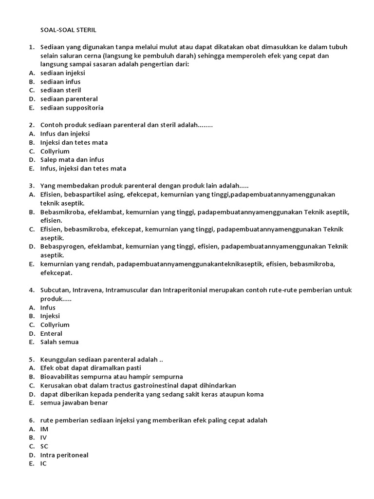 Soal Latihan Praktikum Steril Menjelang Uas 2020 | PDF