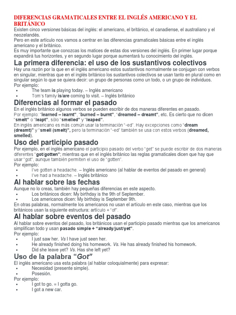 Diferencias Gramaticales Entre El Inglés Americano y El Británico | PDF ...