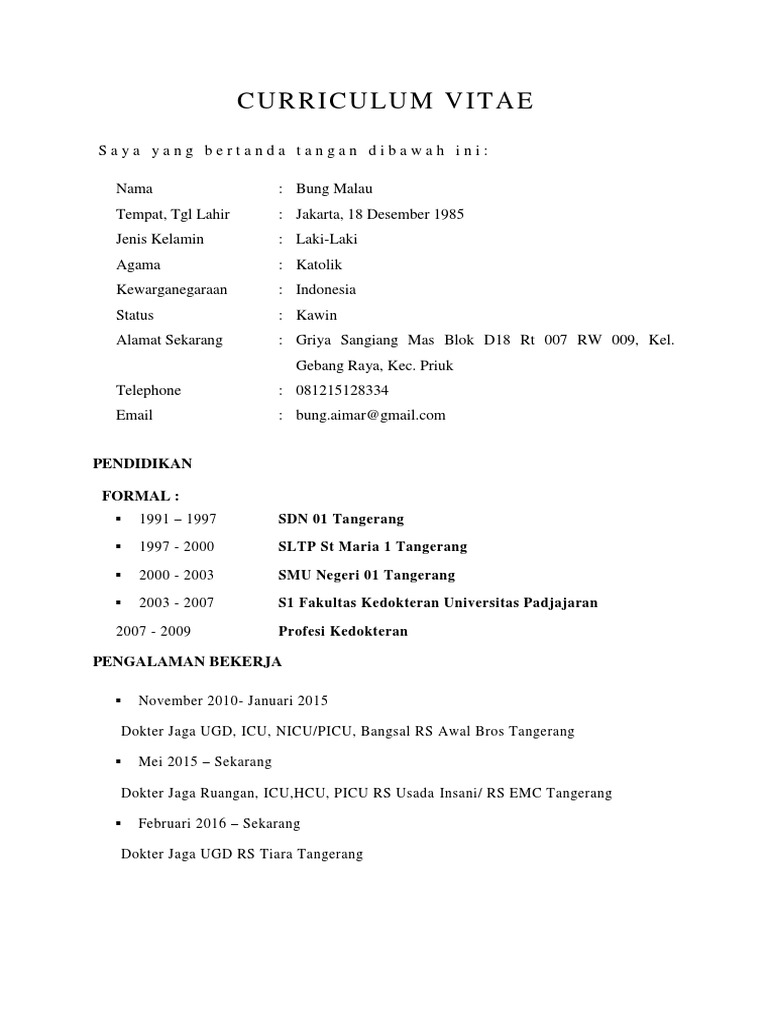 CV Dokter Bung Malau, Spesialis Kedokteran | PDF | Gaya Hidup