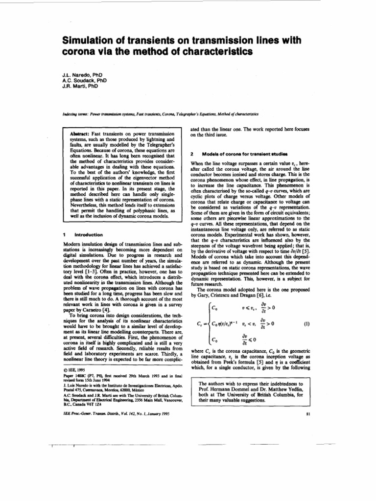 Simulation of Transients On Transmission Lines With Corona Via The Method of Characteristics ...