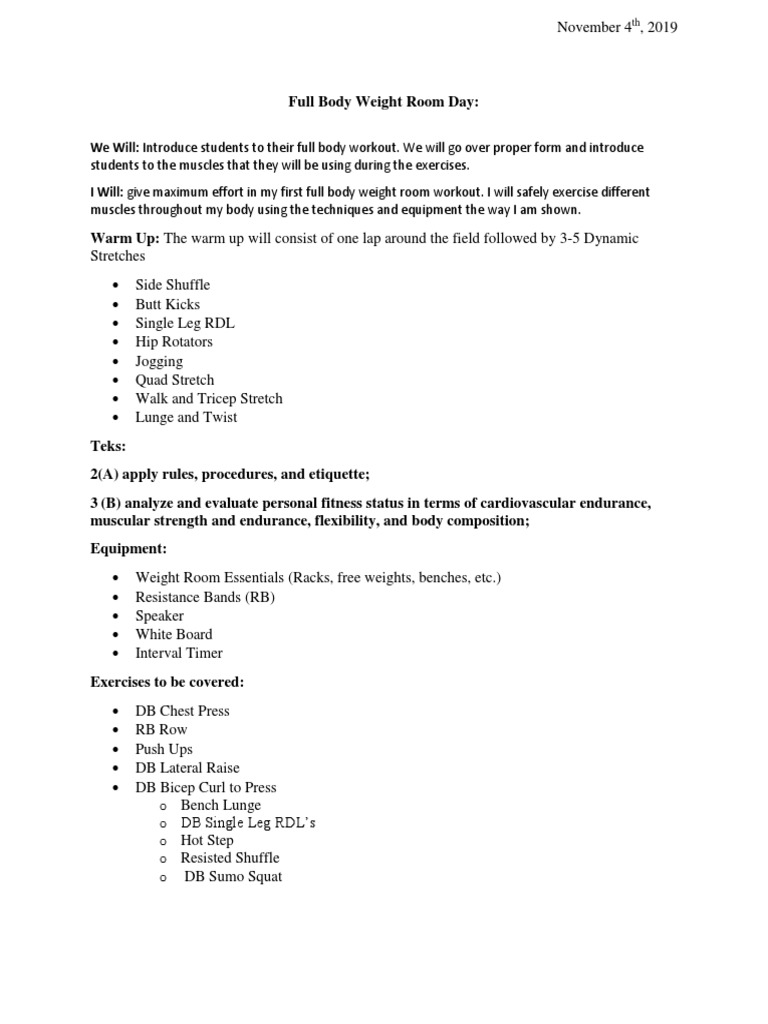 Hhs Full Body Lesson Plan 11-4-19 | PDF | Weight Training | Physical ...