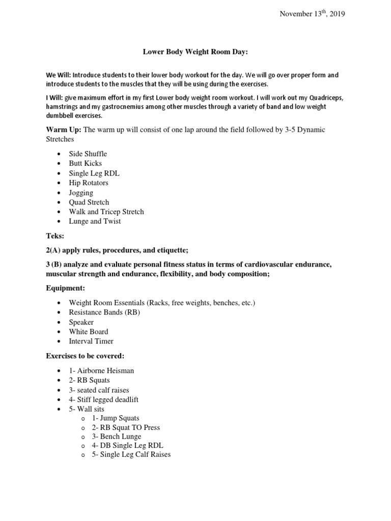 Hhs Lower Body Lesson Plan Leg Day | PDF | Weight Training | Management ...