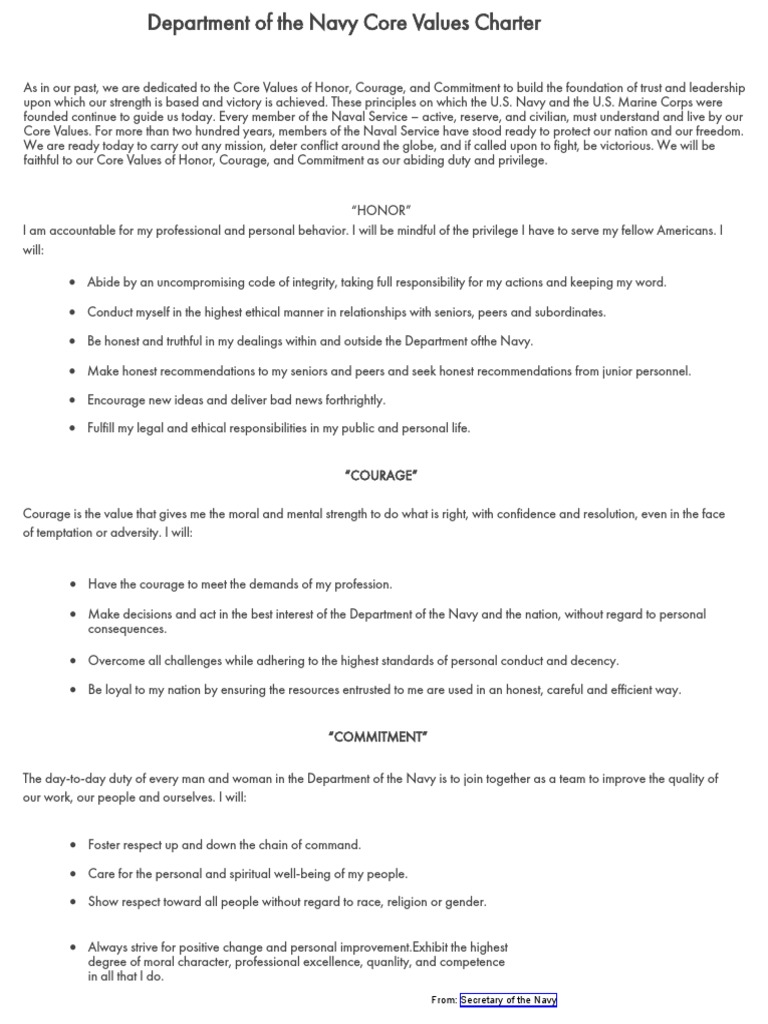 Department of The Navy Core Values Charter | PDF | Value (Ethics ...