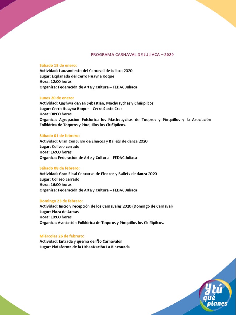 Programa Carnaval de Juliaca | PDF | Carnaval | Entretenimiento