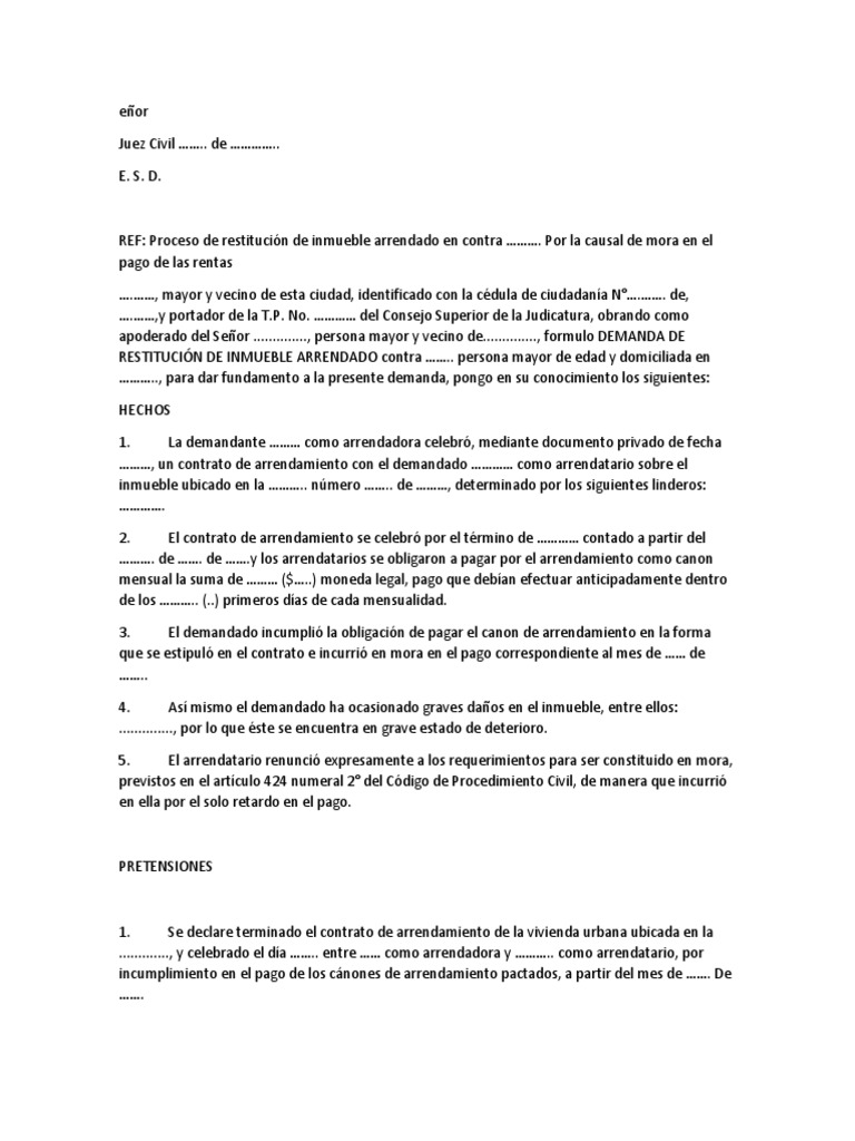 Modelo Demanda Restitucion de Inmueble Arrendado | PDF | Alquiler ... Modelo Demanda Restitucion de Inmueble Arrendado | PDF | Alquiler ...