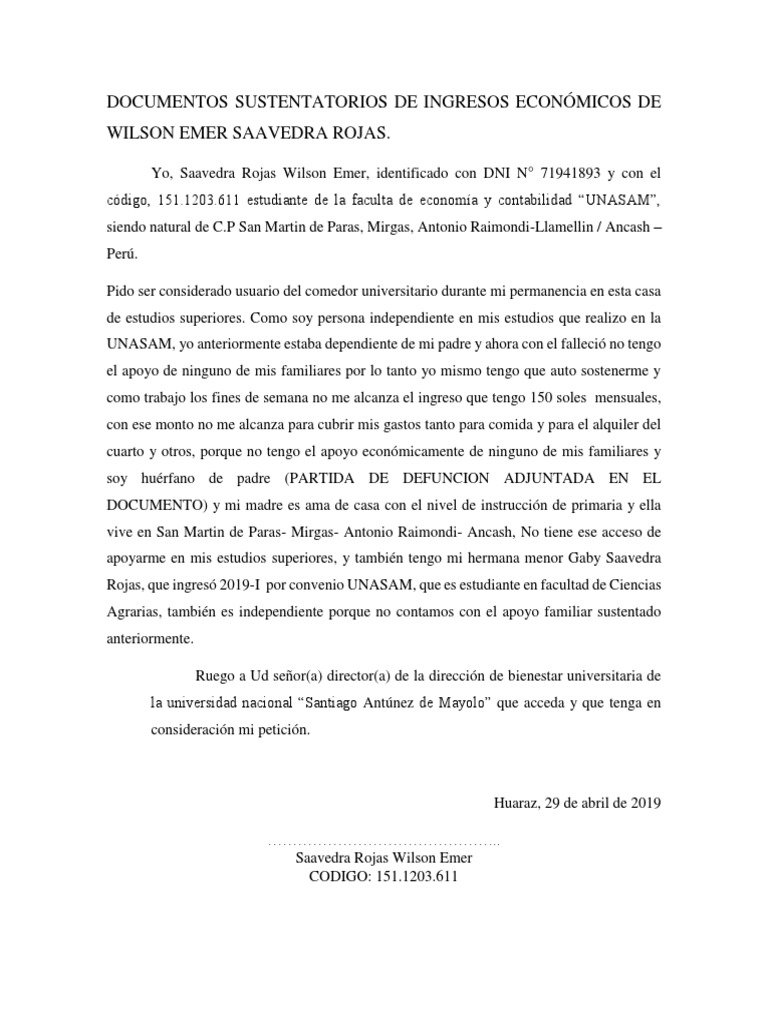 Documentos Sustentatorios de Ingresos Económicos de Wilson Emer Saavedra Rojas | PDF