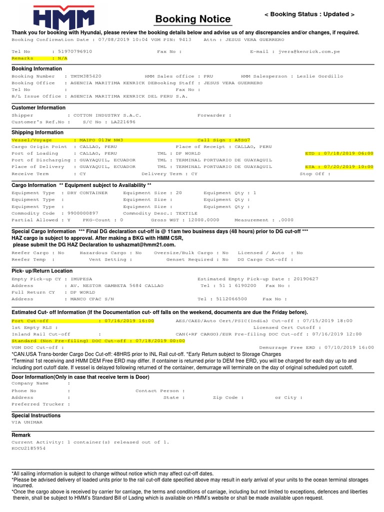 Booking Notice Ecuador PDF | PDF | Cargo | Trade