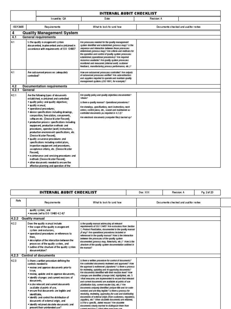 ISO 13485 Internal Audit Checklist | PDF | Quality Management System ...
