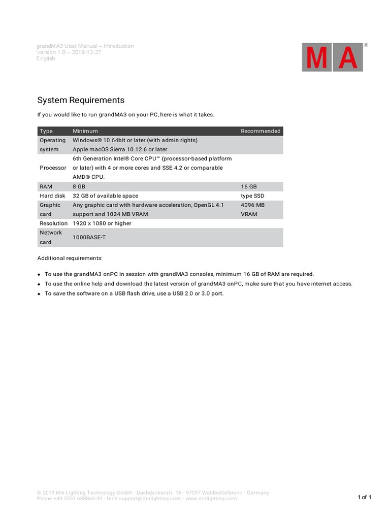 GrandMA3 User Manual-Introduction System Requirements-En-V1.0 | PDF