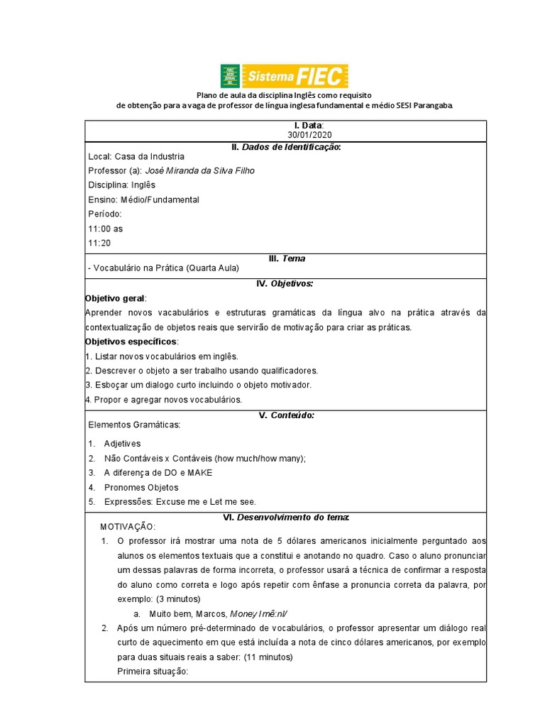 Plano Aula Sesi | PDF | Língua inglesa | Professores