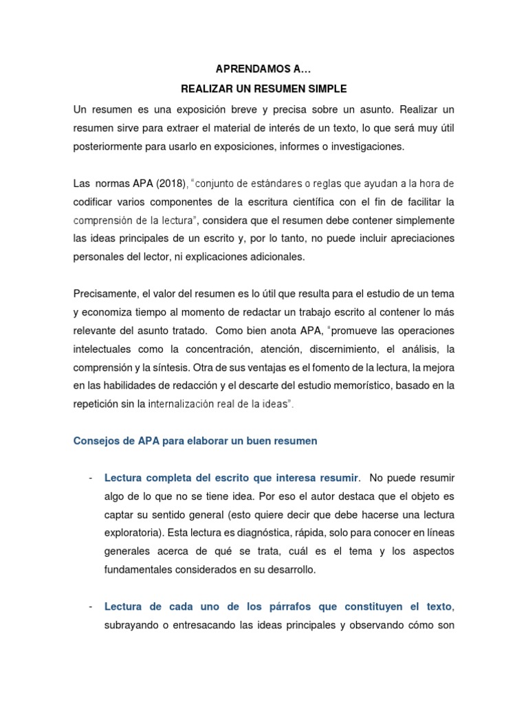 Aprendamos A Realizar Un Resumen Simple | PDF | Cognición | Comunicación