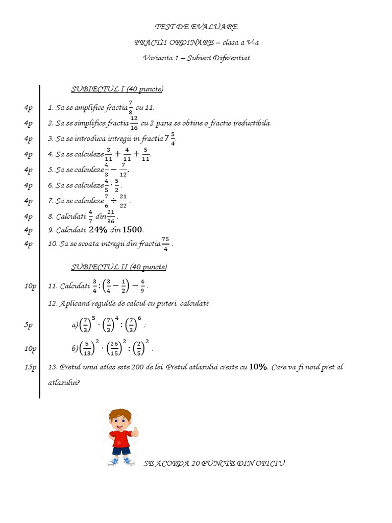 Test de Evaluare Fractii Ordinare Cls 5 | PDF