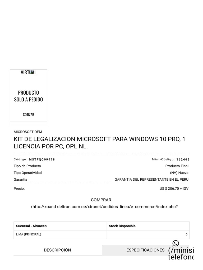 Kit de Legalizacion Microsoft para Windows 10 Pro, 1 Licencia Por PC ...