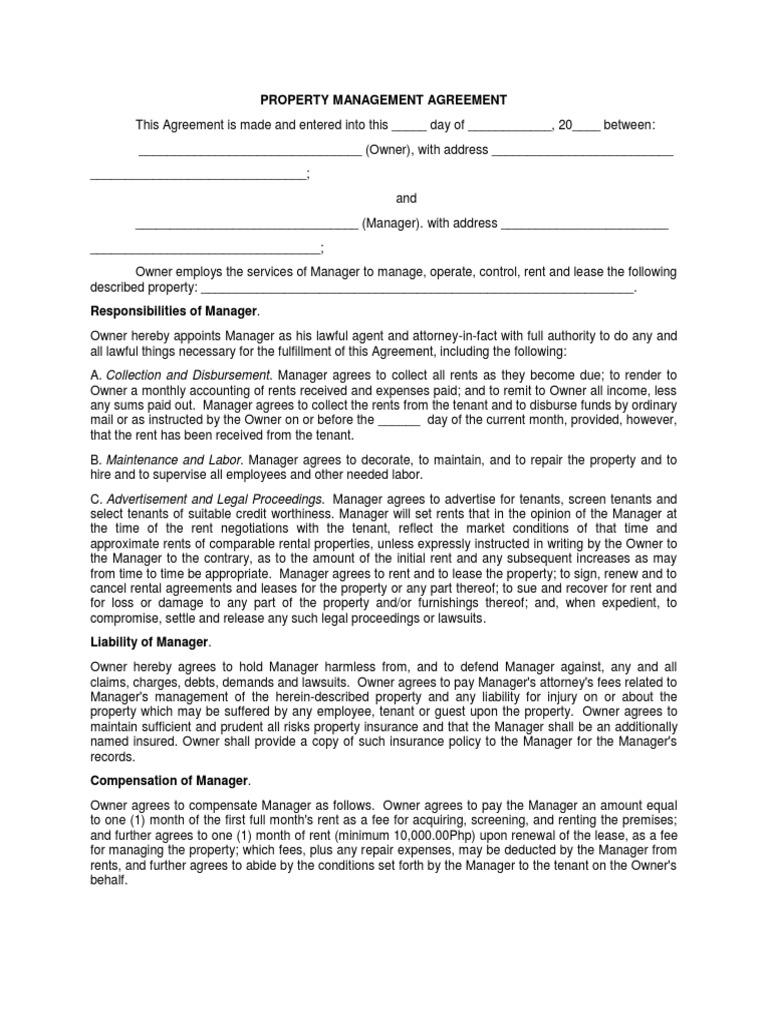 Property Management Agreement Template | PDF | Leasehold Estate | Lease