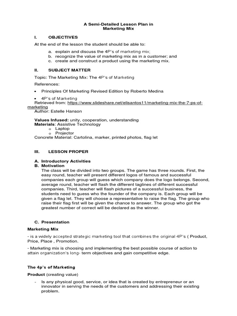 Lesson Plan in Marketing Mix | PDF | Sales | Marketing