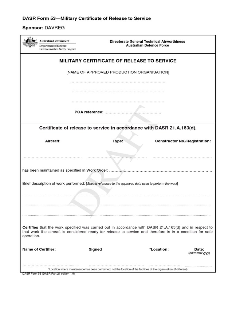 DASR Form 53 Military Certificate of Release To Service | PDF ...