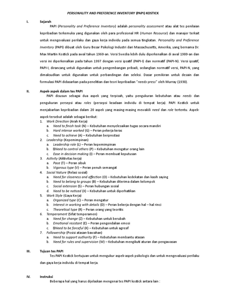 Papikostik (Personality and Preference Inventory (Papi) Kostick) | PDF