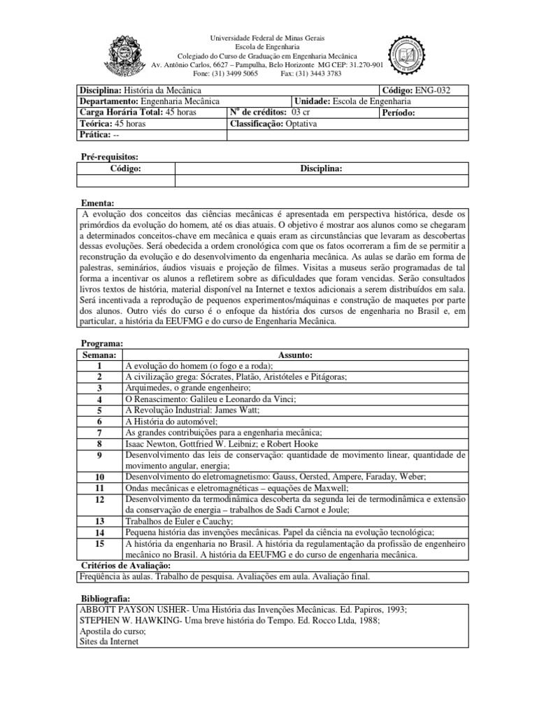 História Da Mecânica Na Ufmg Pdf Engenharia Science
