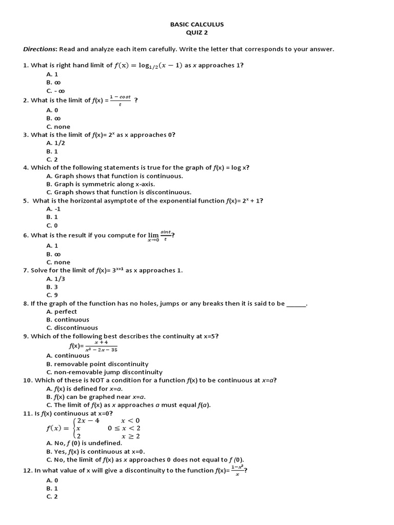 Basic Calculus Quiz2 | PDF | Continuous Function | Function (Mathematics)