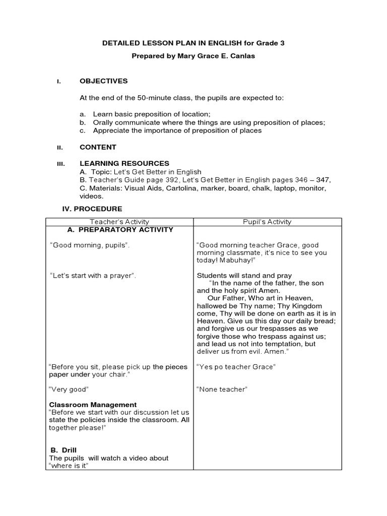 Grade 3 English Lesson Plan: Prepositions | PDF | Lord's Prayer | Teachers