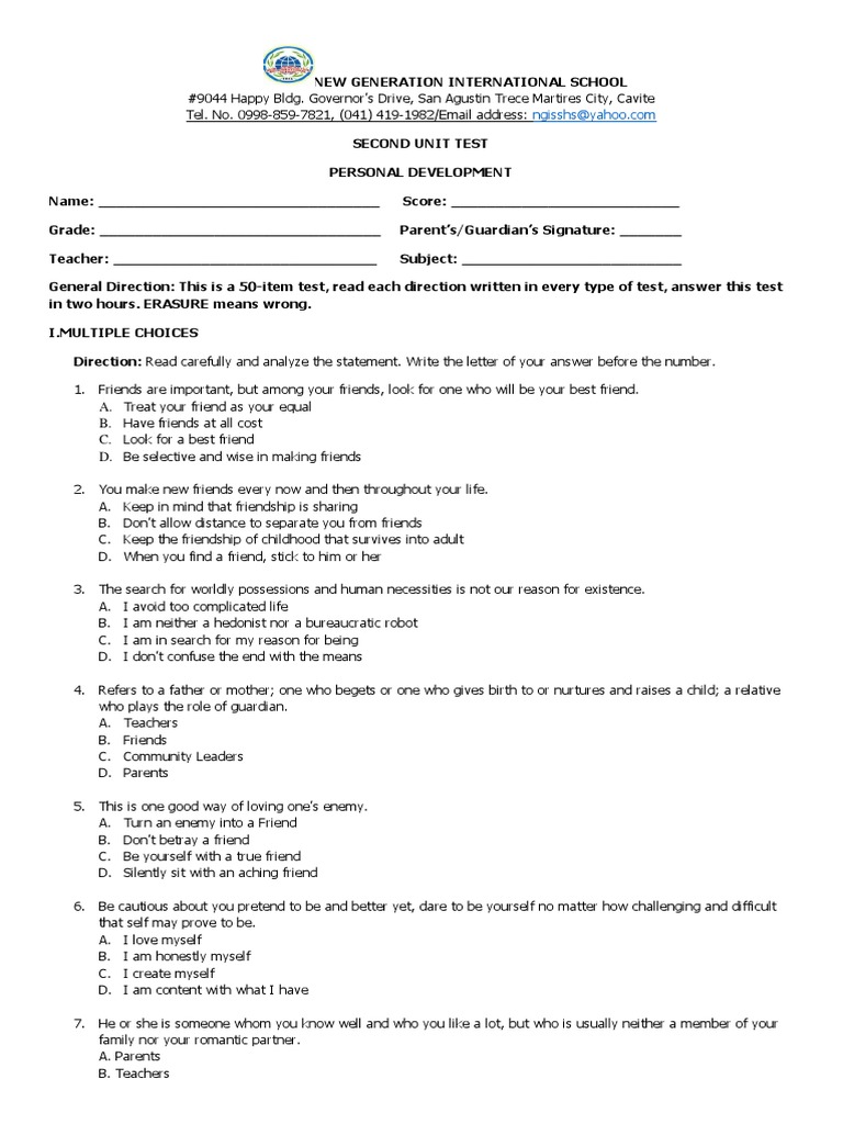 Personal Development Test Guide | PDF | Friendship | Psychological Concepts
