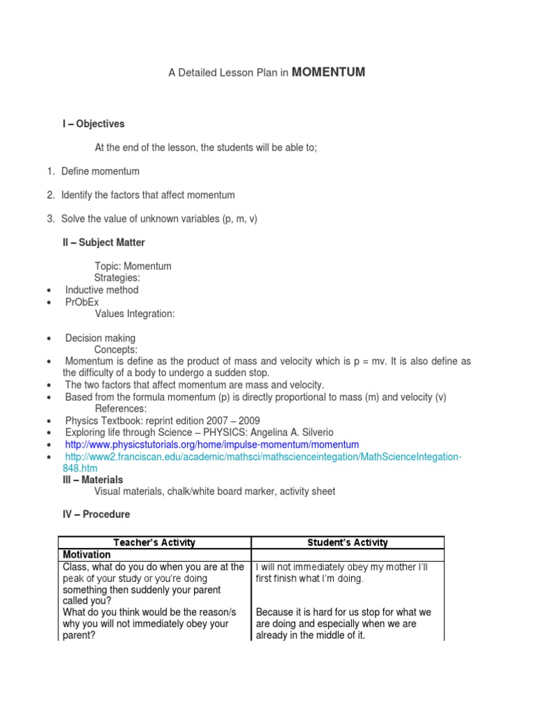 A Detailed Lesson Plan in Momentum | PDF | Momentum | Mass