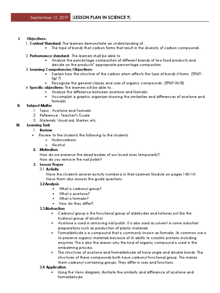 Acetone vs. Formalin: Science Lesson Plan | PDF | Functional Group | Ketone