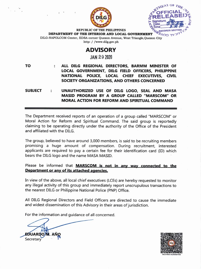 Advisory 29 January 2020 Unauthorized Use of DILG LOGO, SEAL and MASA ...
