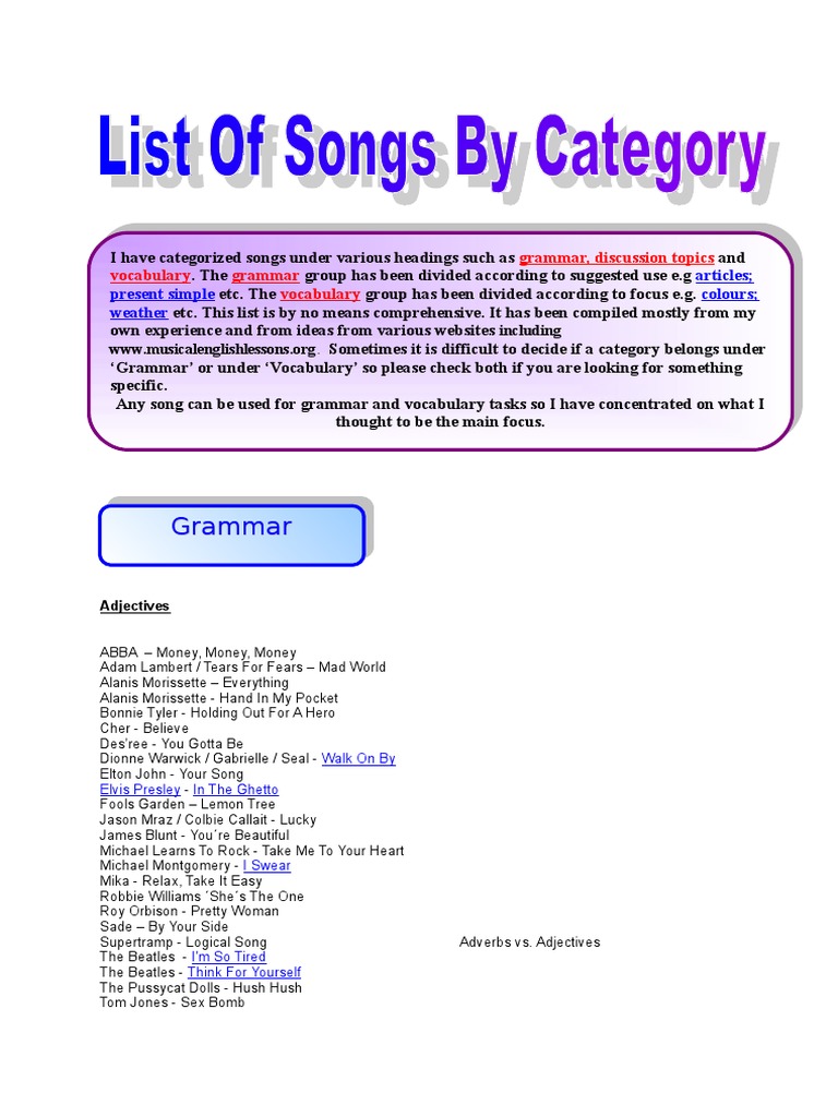 Songs for Teaching Grammar and Vocabulary | PDF | Madonna (Entertainer ...