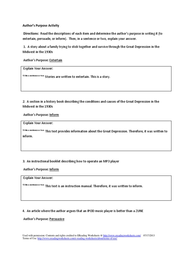 Reading - Worksheet - Activity - Author's - Purpose - Answer Key ...