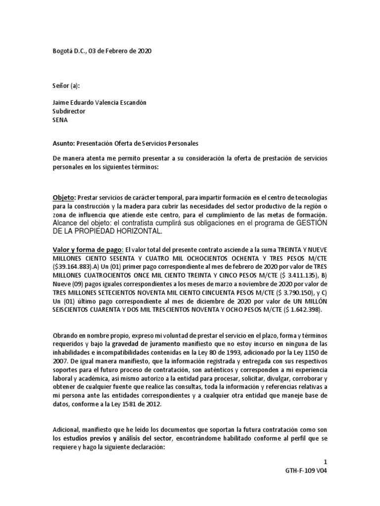 GTH - F-109 Formato - Modelo - de - Oferta - Servicios - Personales | PDF | Gobierno