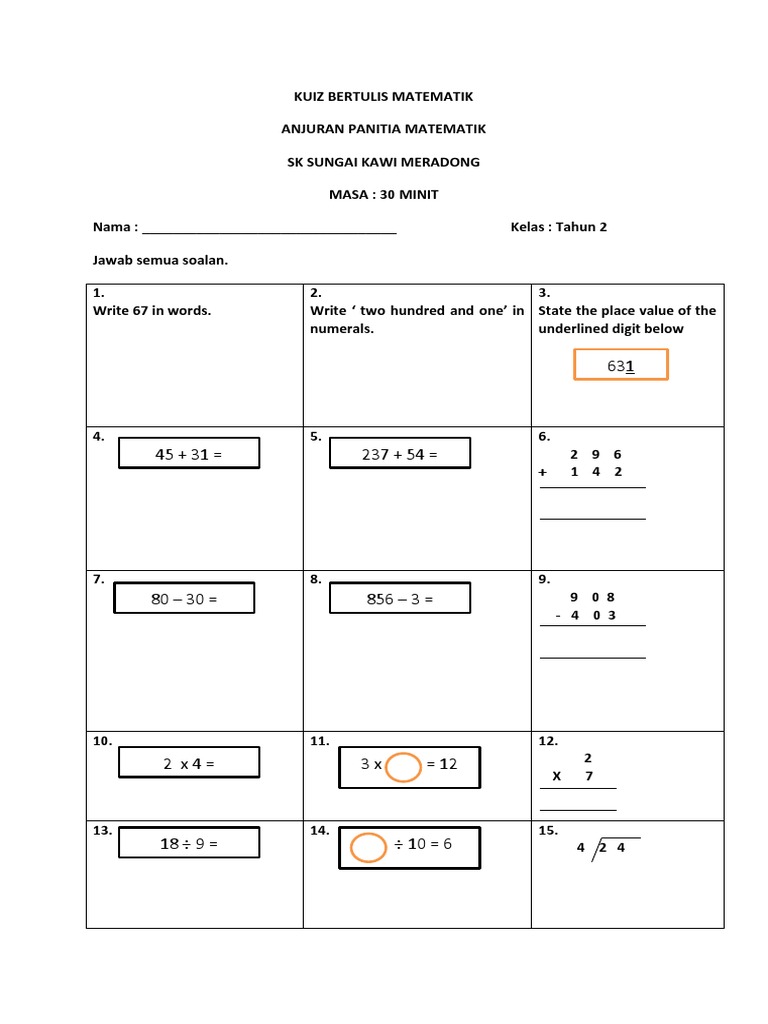 Mathematics Quiz: Place Value, Addition, Subtraction, Multiplication ...