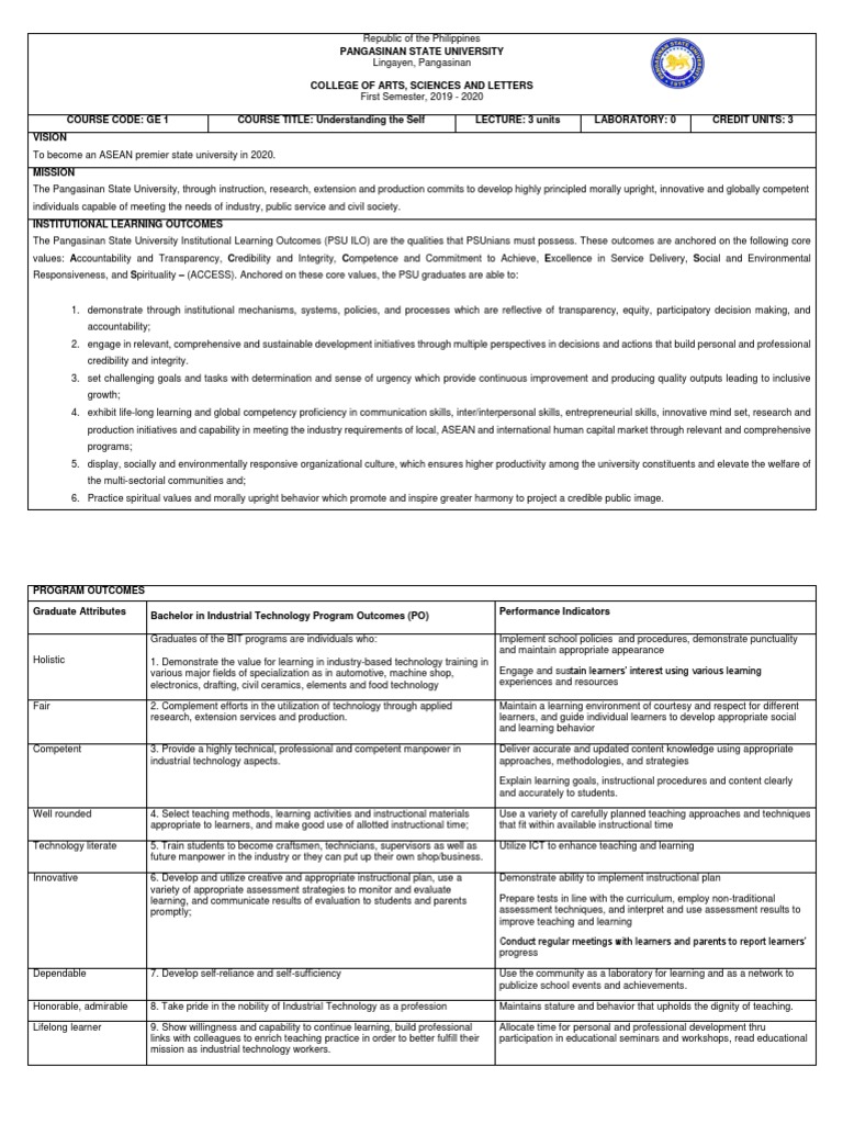 Understanding The Self Syllabus | PDF | Self | Identity (Social Science)