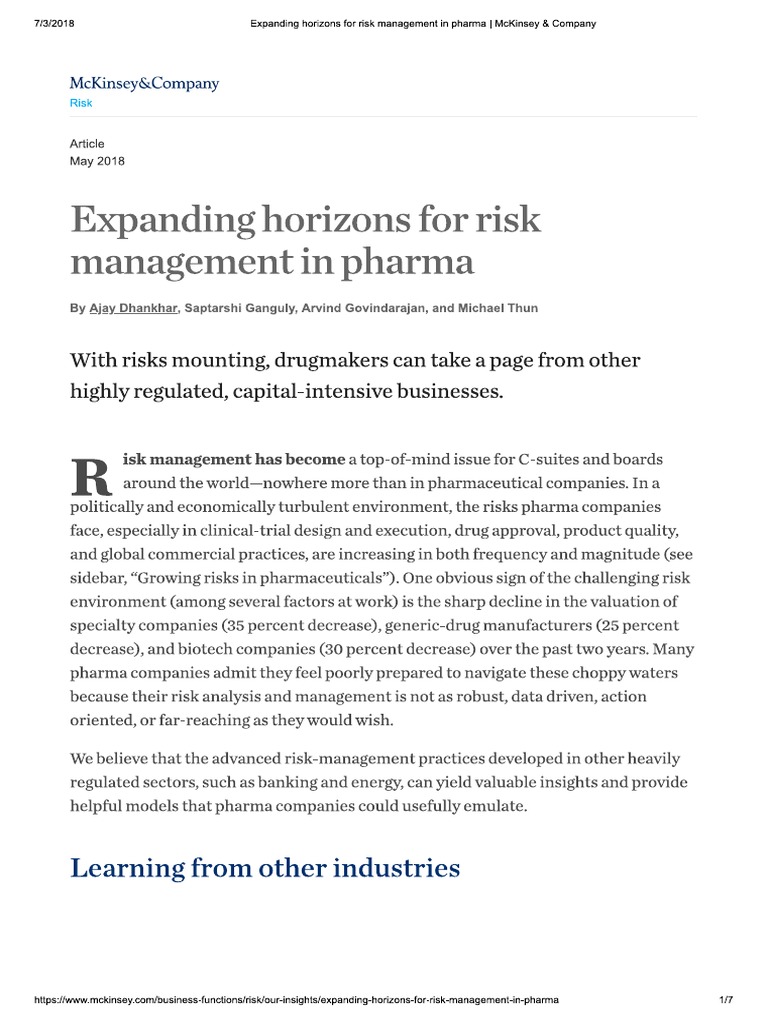 Expanding Horizons For Risk Management in Pharma McKinsey & Company | PDF
