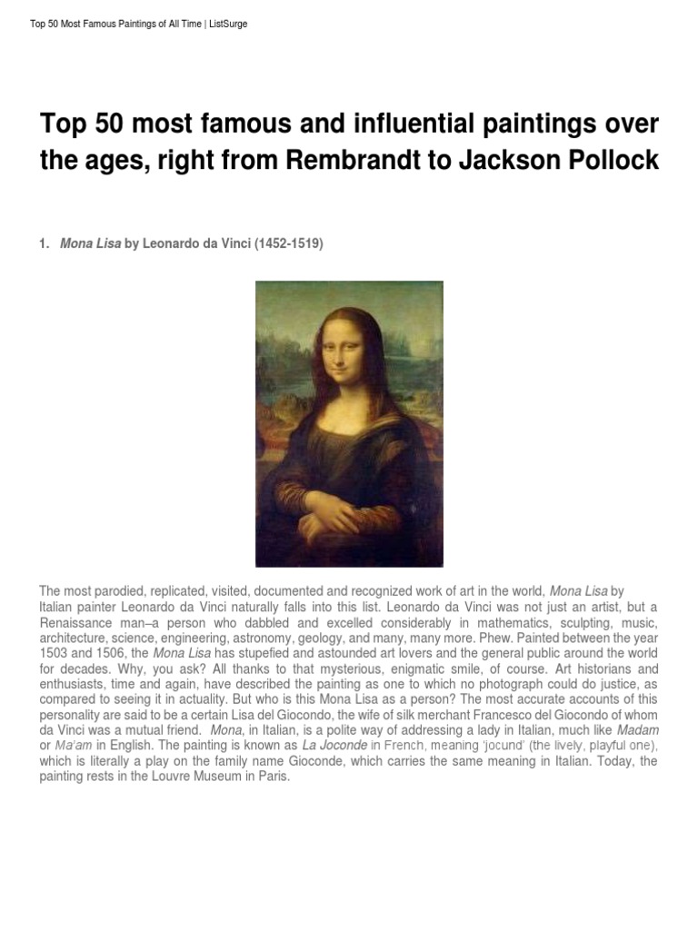 Top 50 Most Famous Paintings Ranked | PDF | Paintings | Plastic Arts