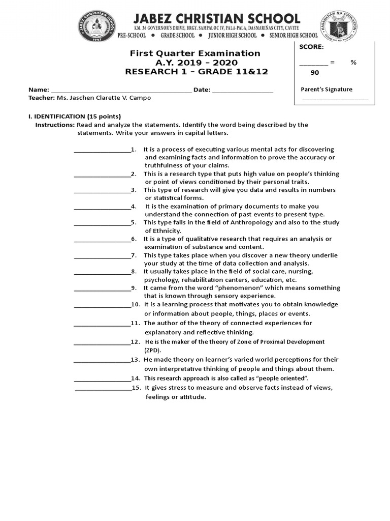 First Quarter Examination RESEARCH 1 | PDF | Qualitative Research | Theory