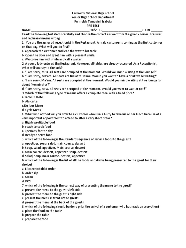 Pre Test Fbs | PDF | Menu | Hors D'oeuvre