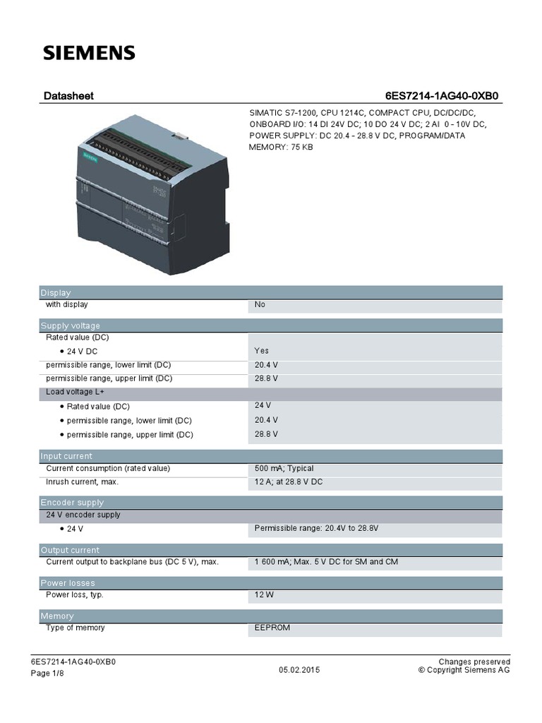 Datasheet PLC Siemens S7-1200 | PDF | Input/Output | Electromagnetic ...