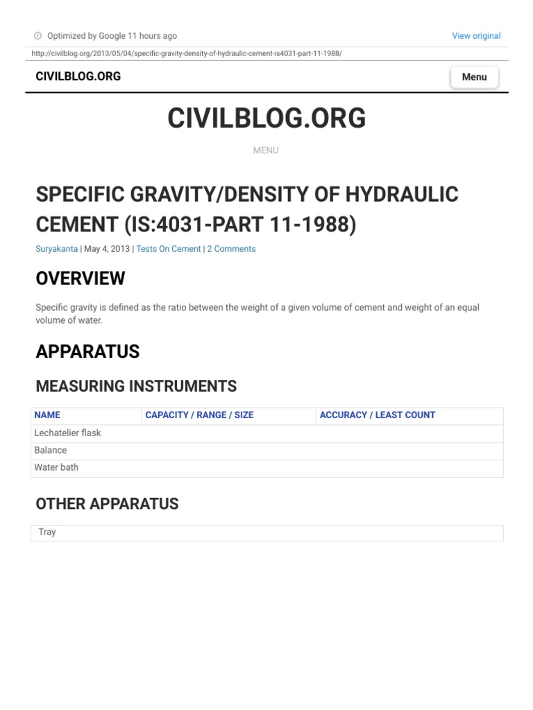 SPECIFIC GRAVITY - DENSITY OF HYDRAULIC CEMENT (IS - 4031-Part 11-1988 ...