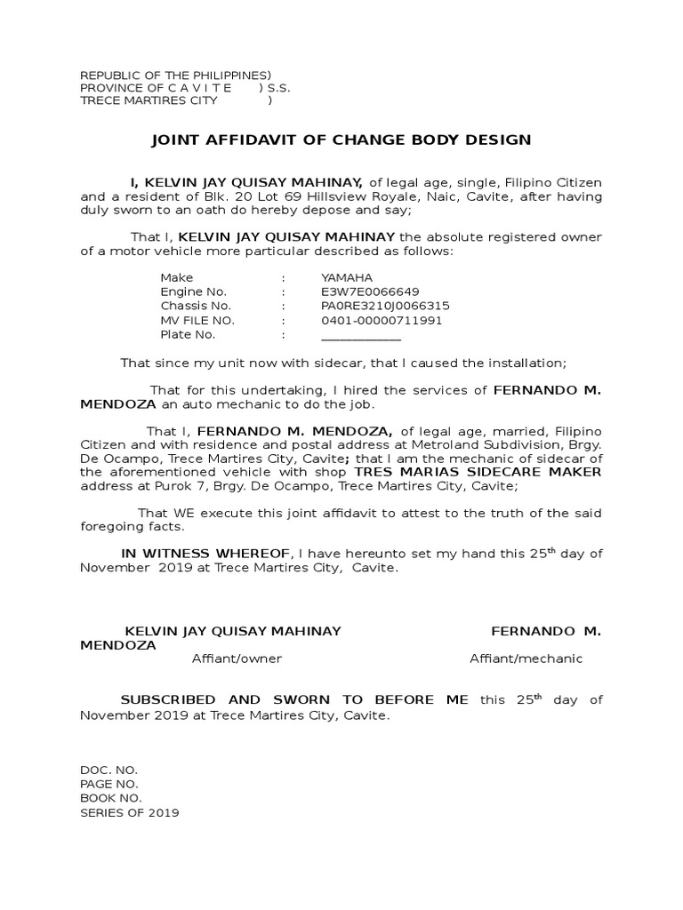 Joint Affidavit of Change Body Design | PDF