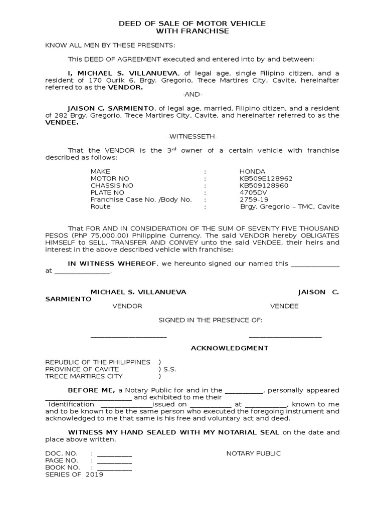 Deed of Sale of Motor Vehicle With Franchise | PDF | Civil Law (Common ...