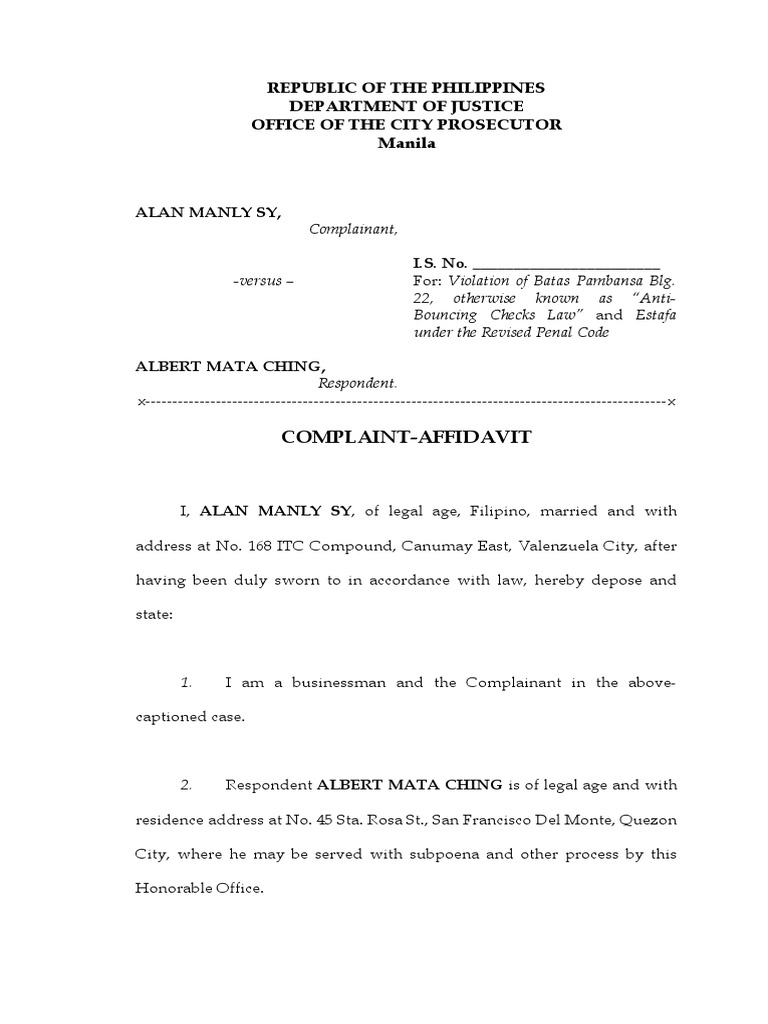 complaint-affidavit-BP22 and Estafa.doc | Fraud | Payments