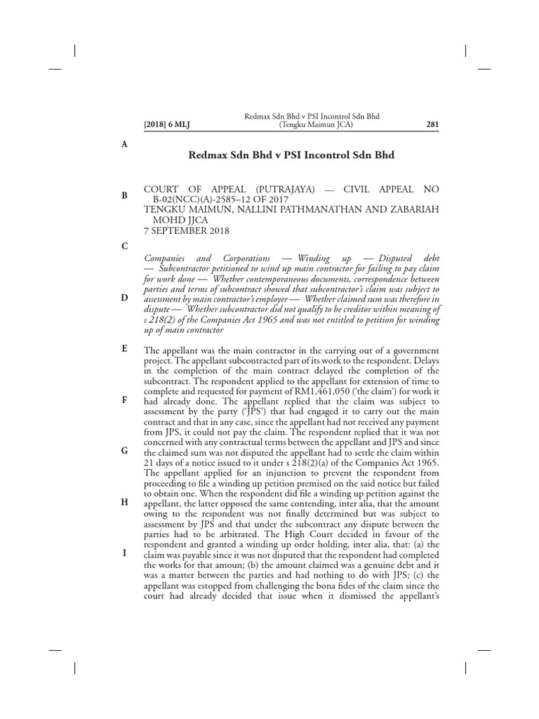 Redmax SDN BHD V PSI Incontrol SDN BHD | PDF | Liquidation | Judgment (Law)