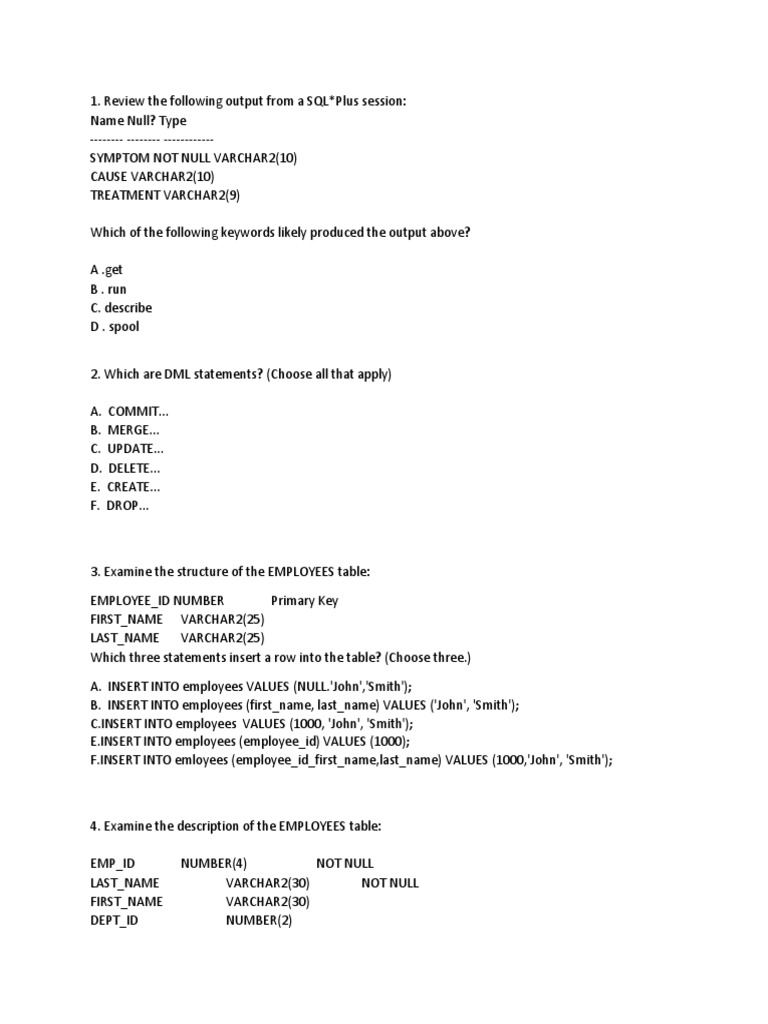 SQL Exam Questoins | PDF | Computer Programming | Areas Of Computer Science
