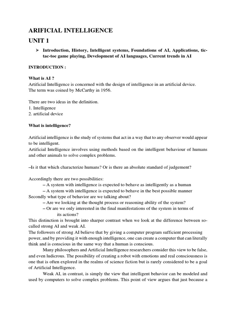 AI Notes Unit 1 PDF | PDF | Artificial Intelligence | Intelligence (AI ...