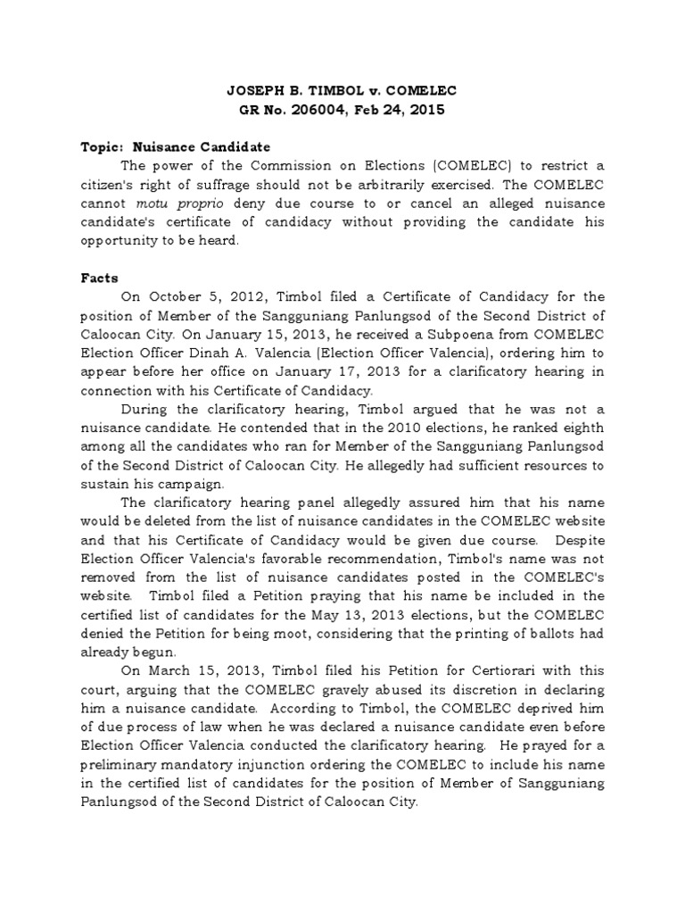 Timbol Vs COMELEC | PDF | Courts | Common Law