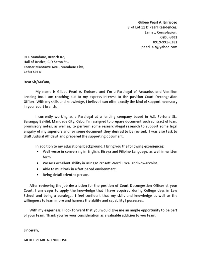 Gilbee Pearl Enricoso's cover letter for Court Decongestion Officer | PDF