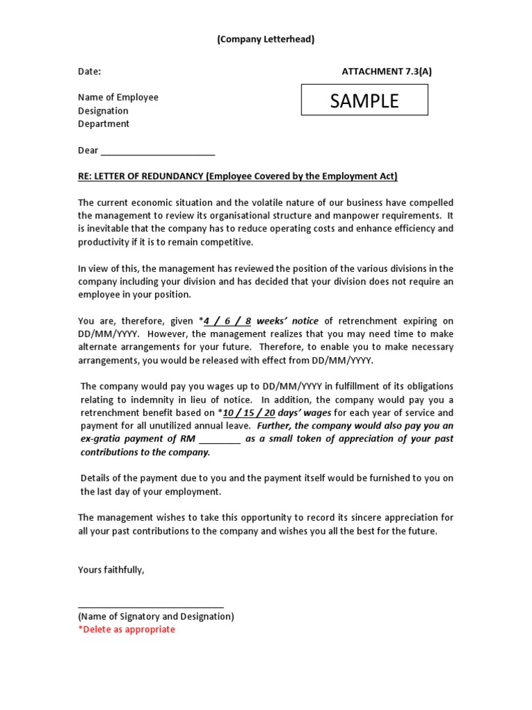 7.3 (A) - Letter of Redundancy For Employees | PDF | Layoff | Working ...