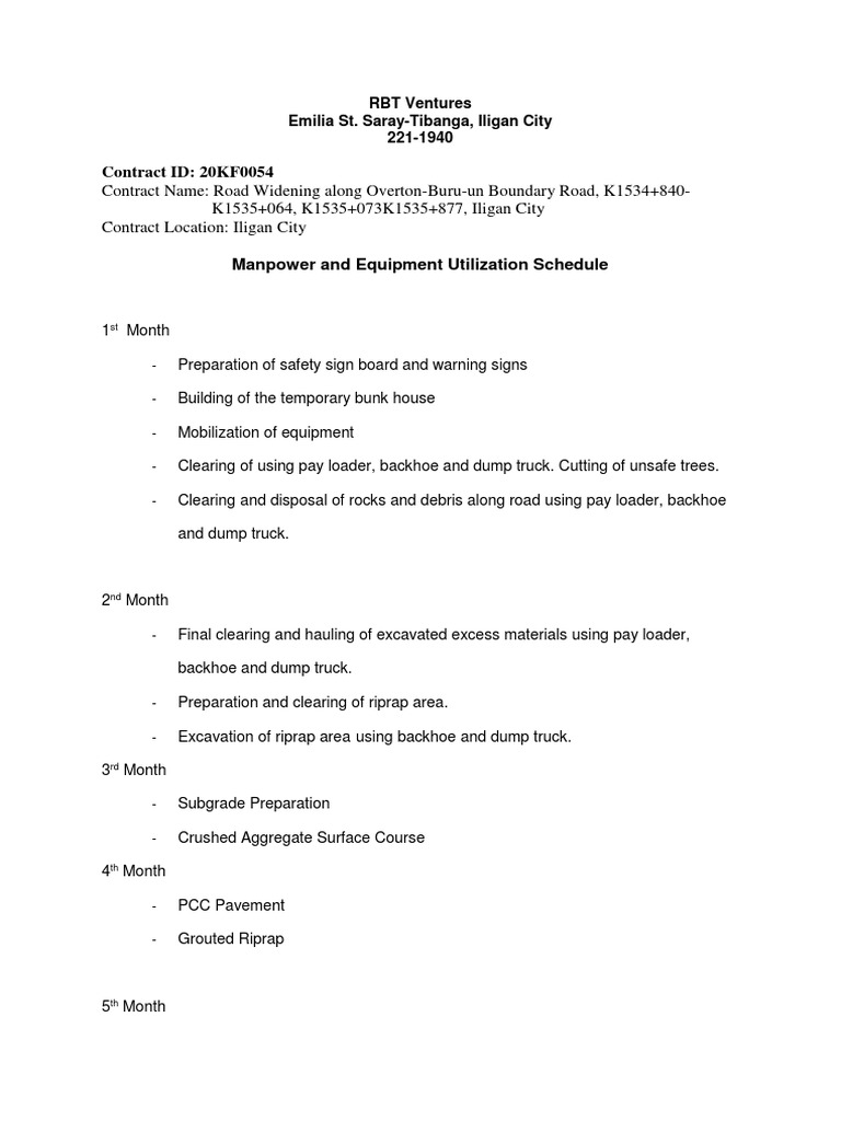 Manpower and Equipment Utilization Schedule | PDF